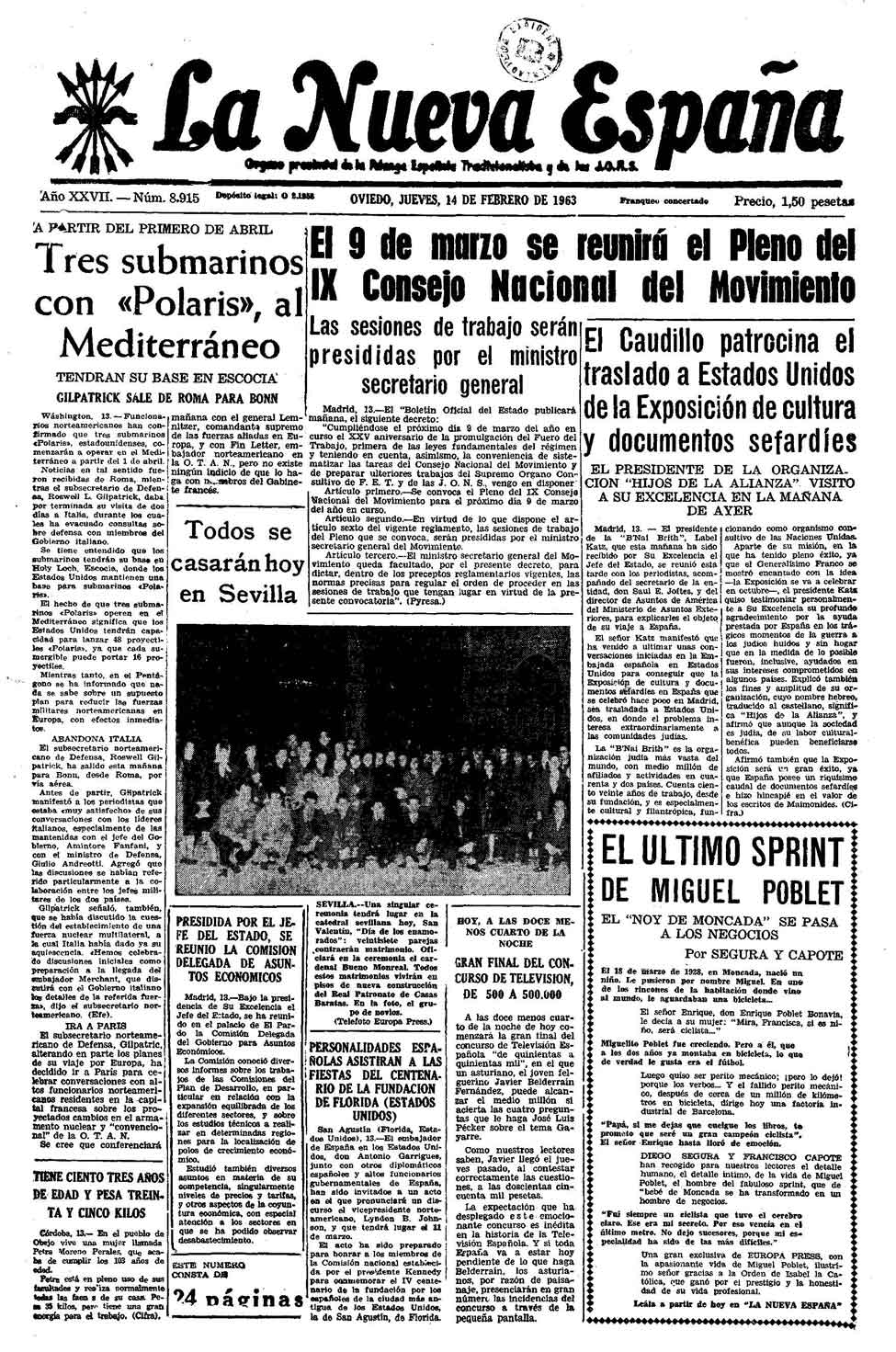 Portada del Jueves, 14 de Febrero de 1963 - Portadas de La Nueva España ...