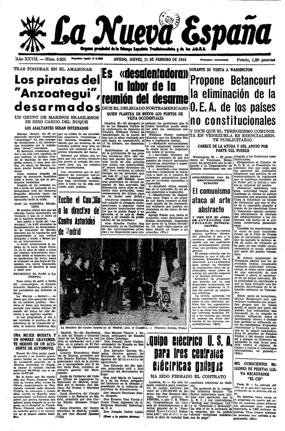 Portada del Jueves, 21 de Febrero de 1963 - Portadas de La Nueva España ...